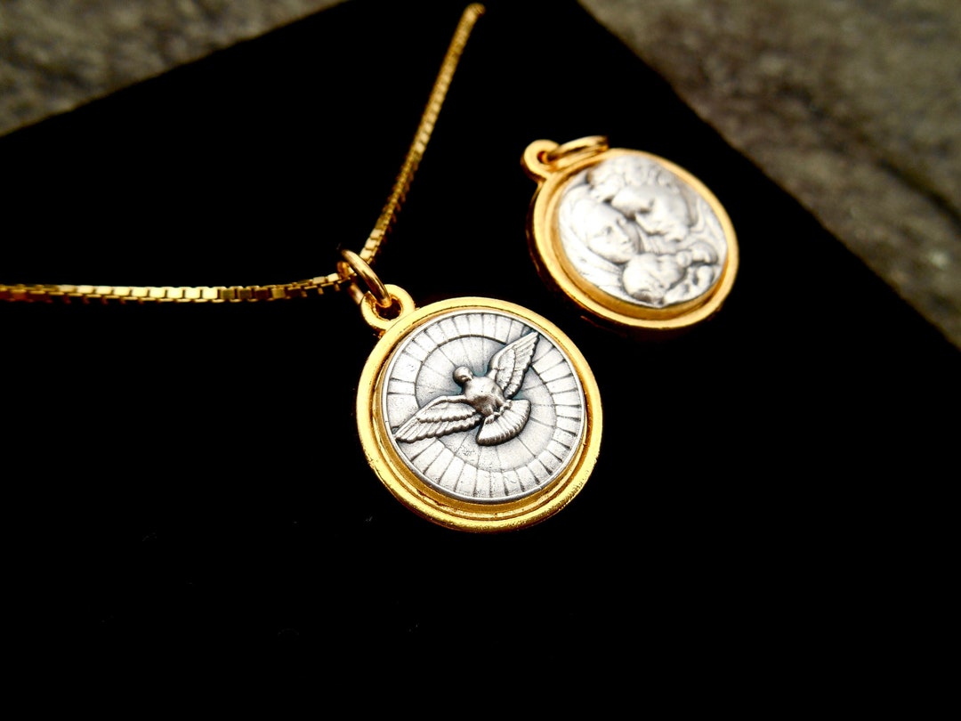 Two Tone Holy Spirit/ Holy Family Necklace, Gold Plated Sterling Box ...