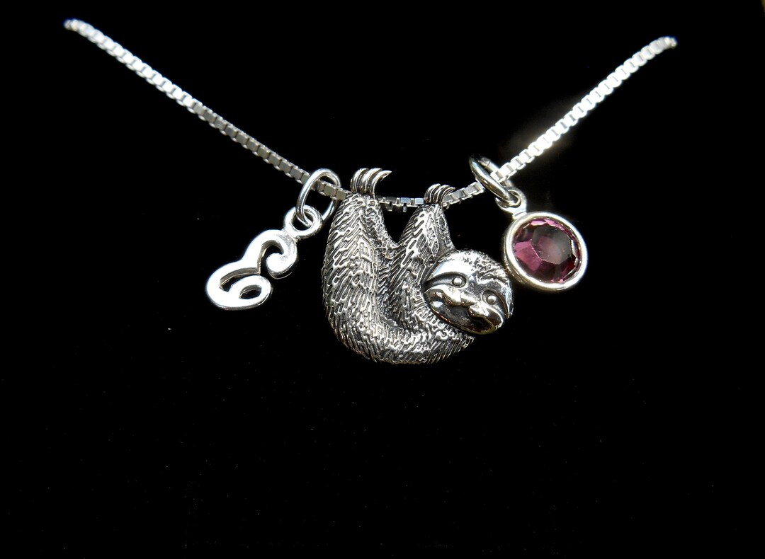 Birthstone Sloth Necklace, Sterling Silver Sloth Charm Necklace With ...