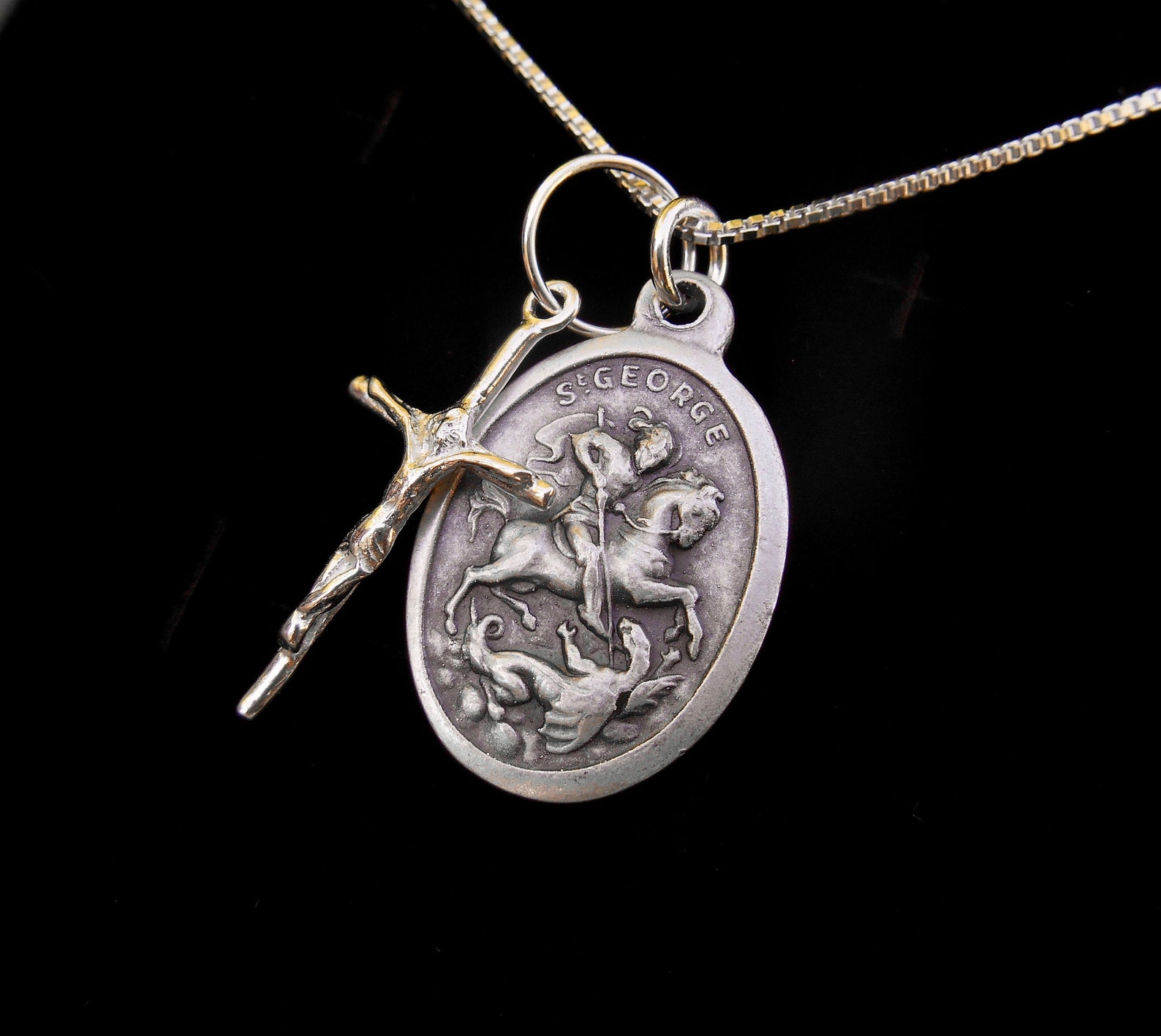 Saint St George Necklace sterling Silver Cross patron Saint - Etsy