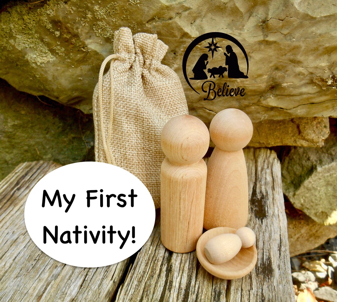 My First Nativity Wood Dolls, Four Piece Set, DIY Peg Doll, Mass Tote ...