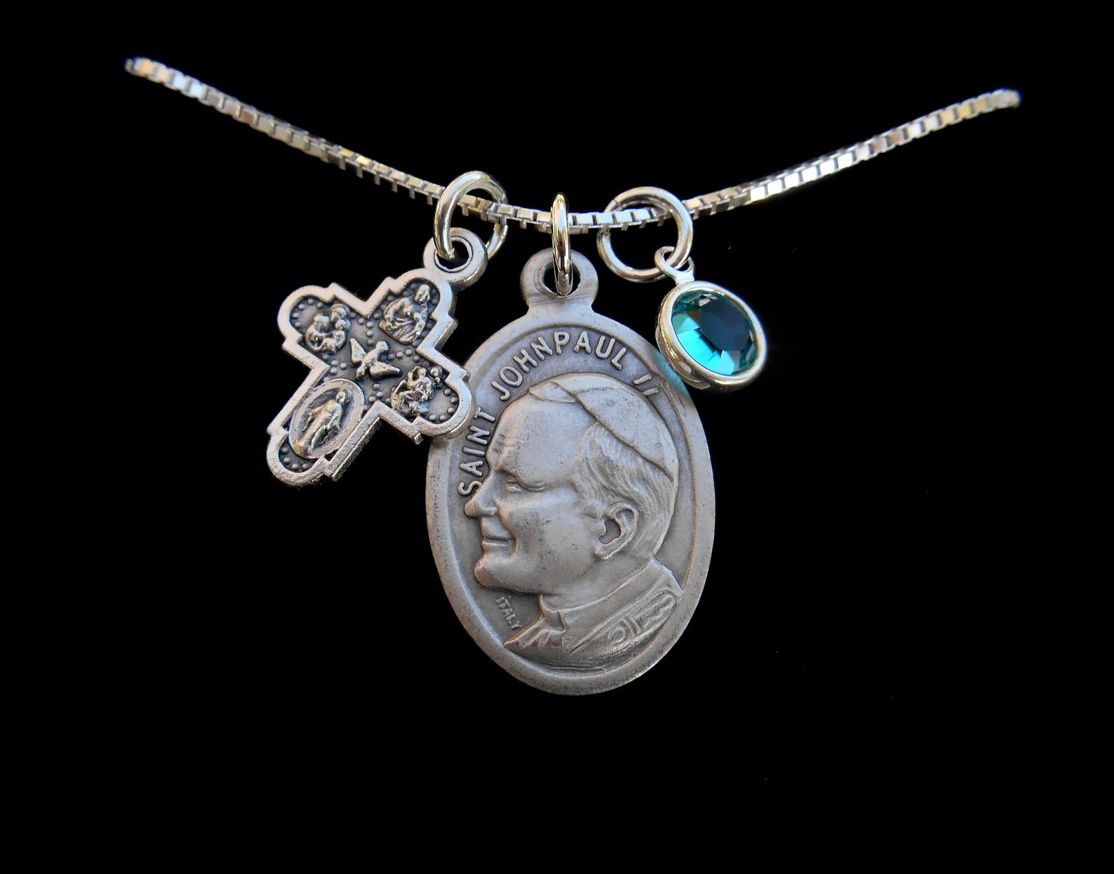 Saint Pope JP II Necklace - 4 Way Cross - Crystal Birthstone - Patron ...