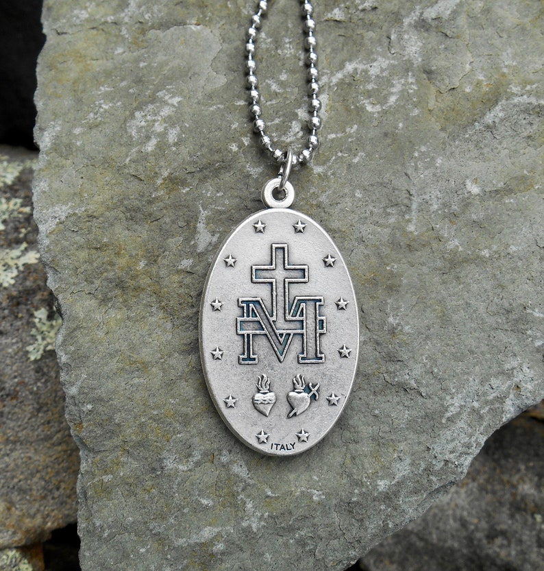 XL Blue Enamel Miraculous Medal Miraculous Necklace Catholic - Etsy