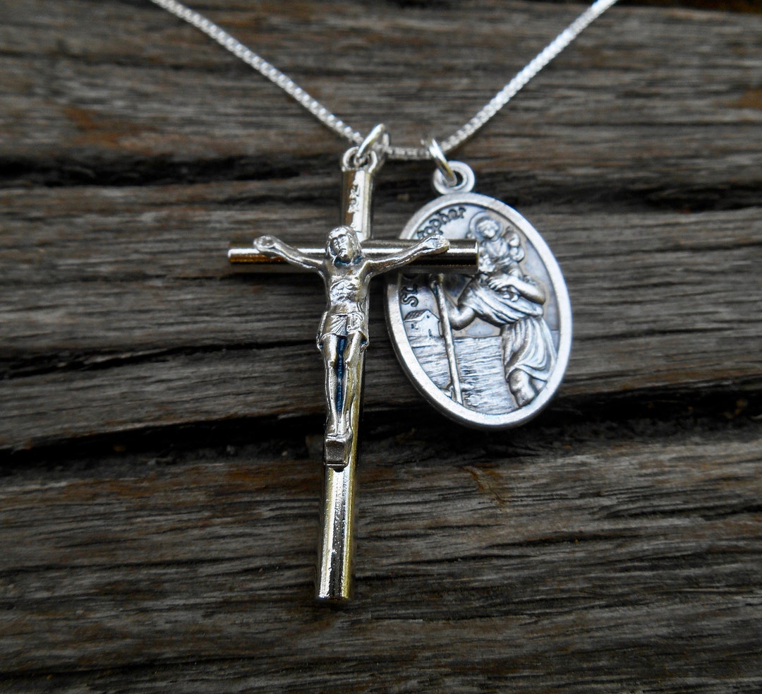 Saint St Christopher Necklace -men/boys - Large 1.5 Inch Cross - Patron ...