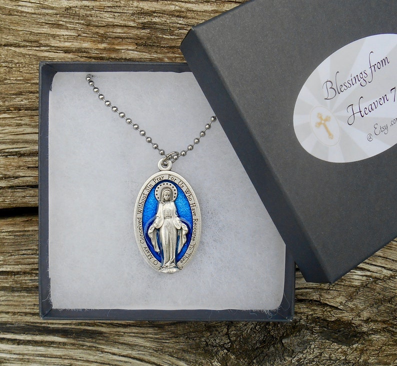 XL Blue Enamel Miraculous Medal Miraculous Necklace Catholic - Etsy