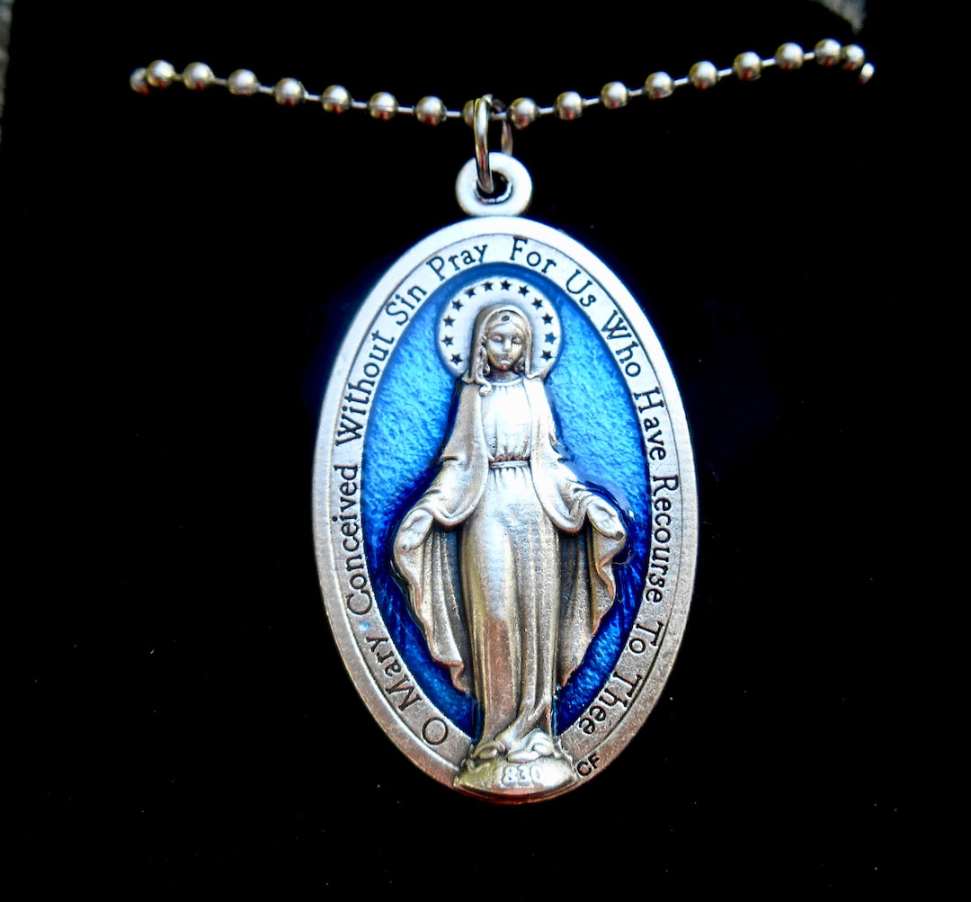 XL Blue Enamel Miraculous Medal, Miraculous Necklace, Catholic Gift, Our Lady Medal, Italian ...