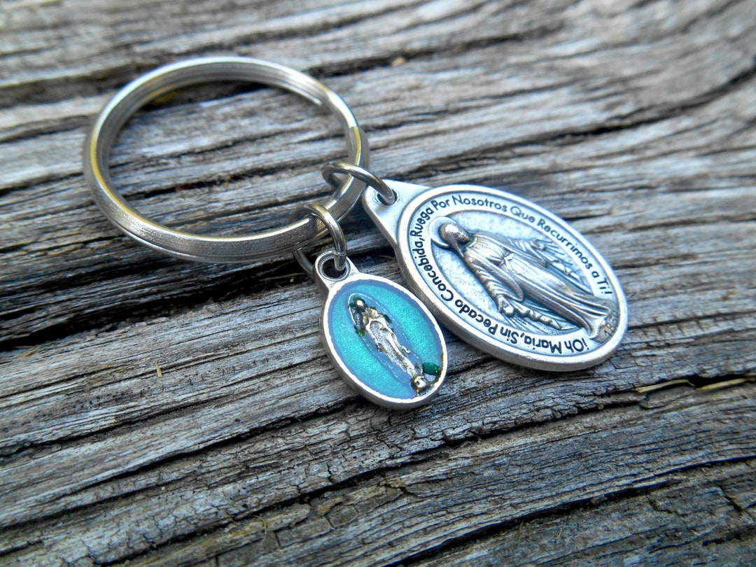 SPANISH Miraculous Medal Key Chain, Faith Fob, Our Lady of Guadalupe ...
