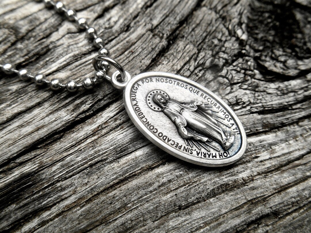 Spanish Miraculous Medal Ball Chain Necklace, Rare Spanish Version ...