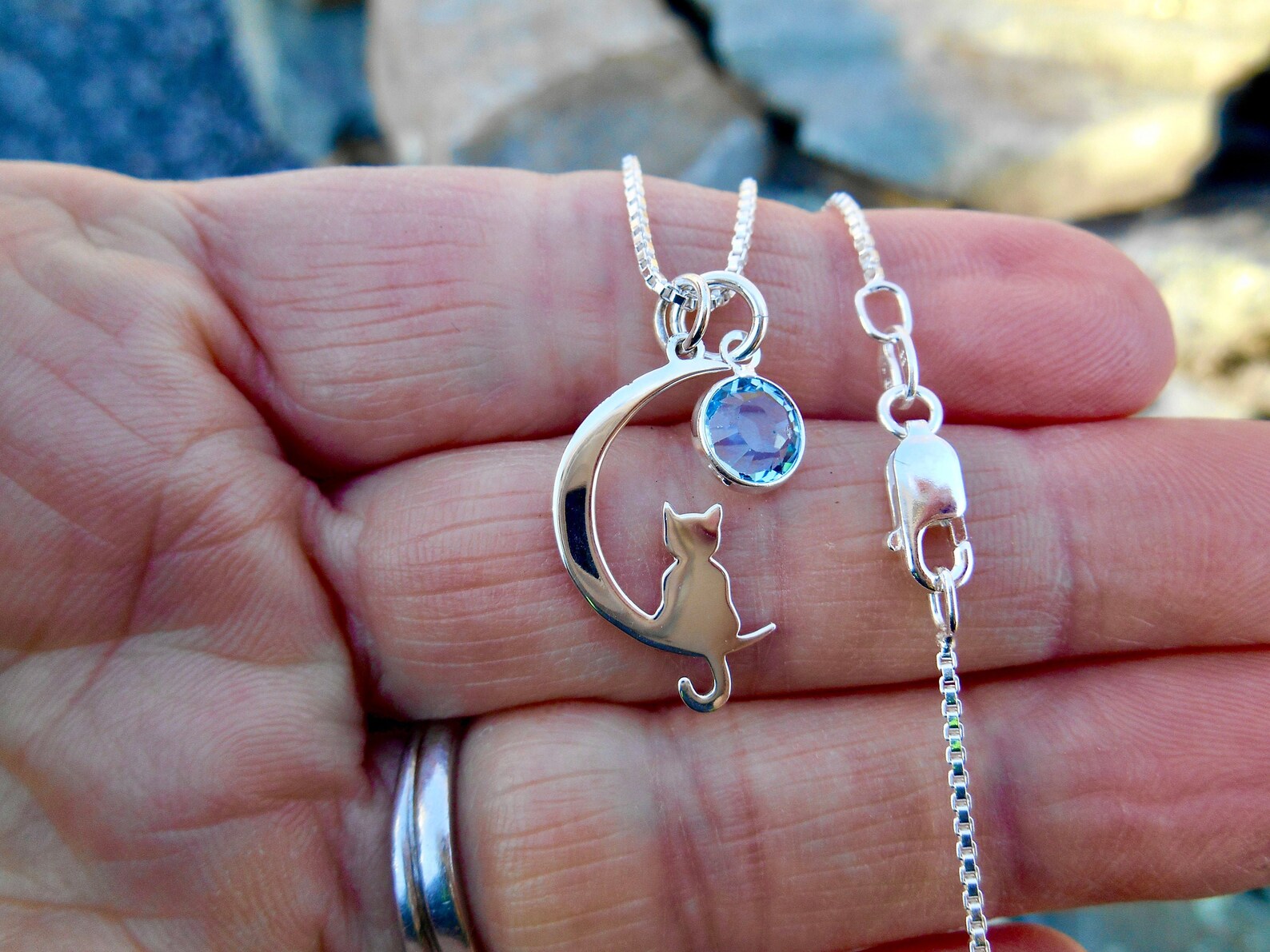 Sterling Silver Moon Cat Necklace, Cat Charm Necklace, Cat and Moon ...