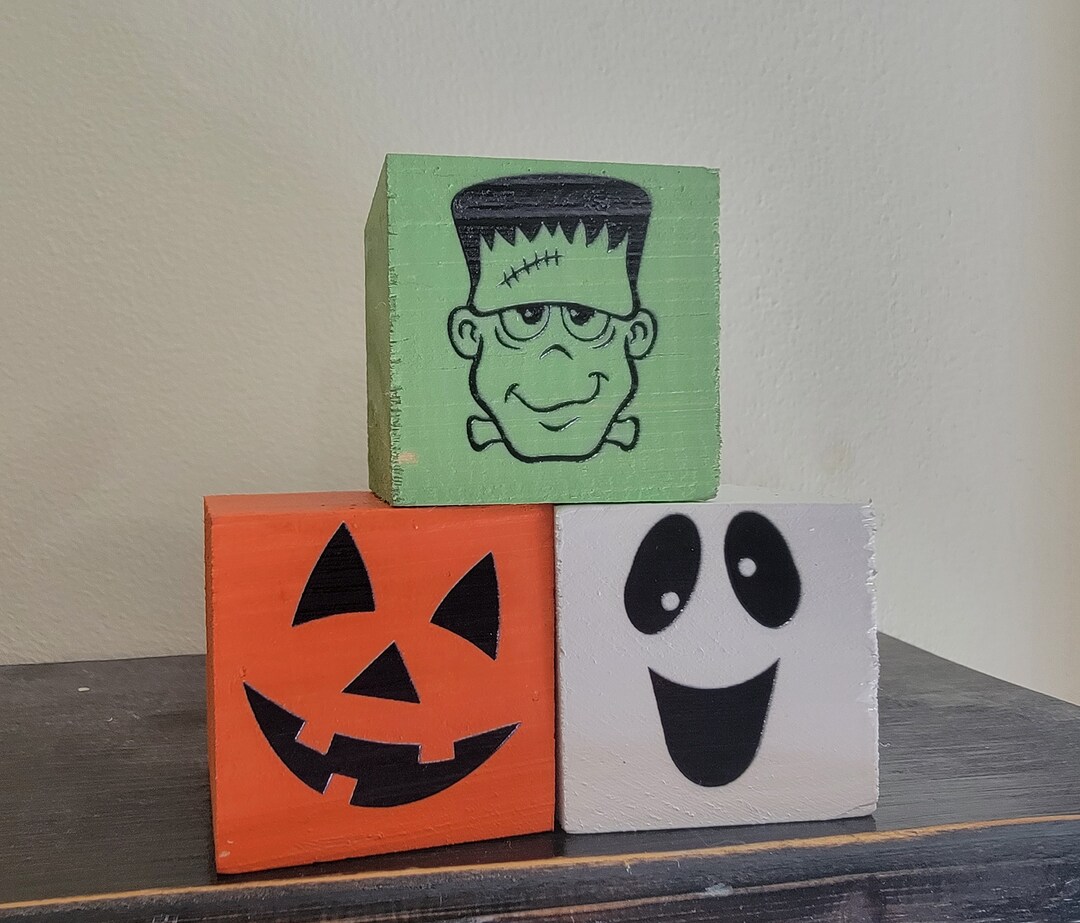 Set of 3 Monster Halloween Wood Block Halloween Tiered Tray Halloween ...
