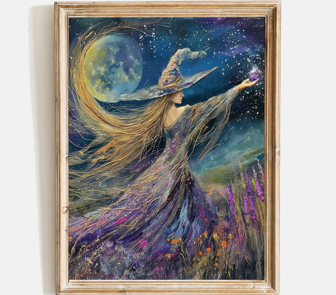 Witch Moon Art Print Dark Whimsical Gothic Art, Purple Witch Poster ...
