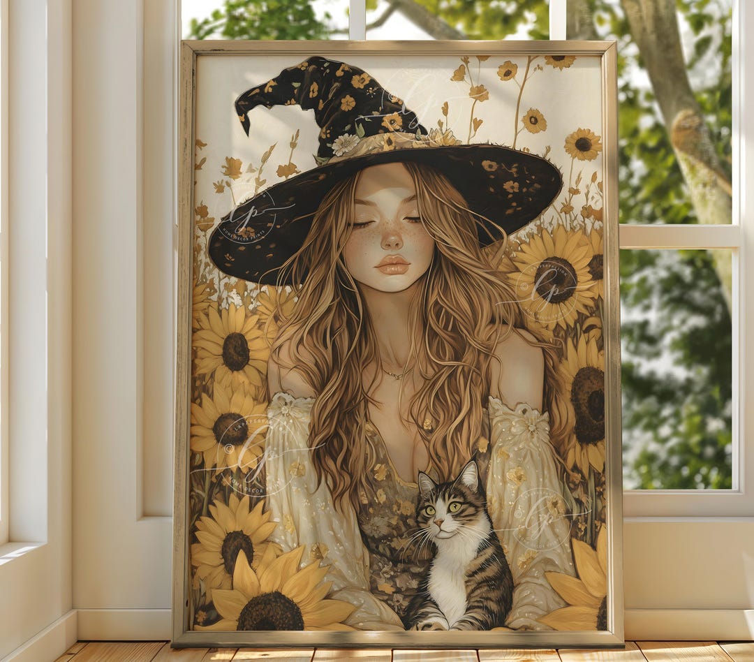 Sunflower Witch With Cat Print Fall Witchy Wall Art Poster Artwork ...