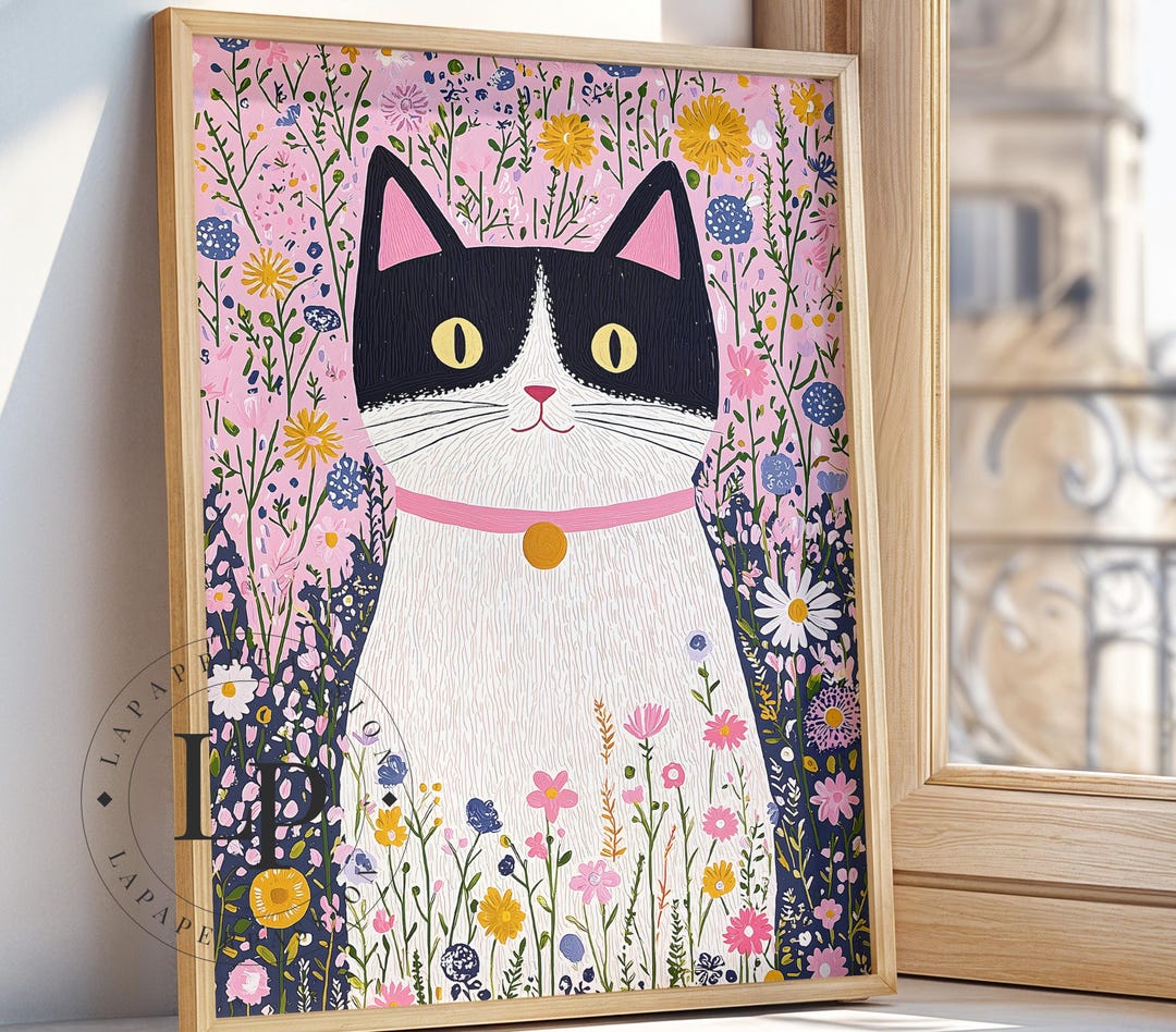 Pastal Pink Cat Wall Art, Pretty Wildflower Floral Cat Themed Girl's ...
