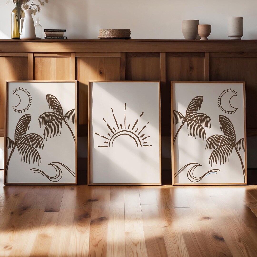 Coastal Wall Decor, Neutral Palm Tree Wall Art, Sun and Moon Tropical ...