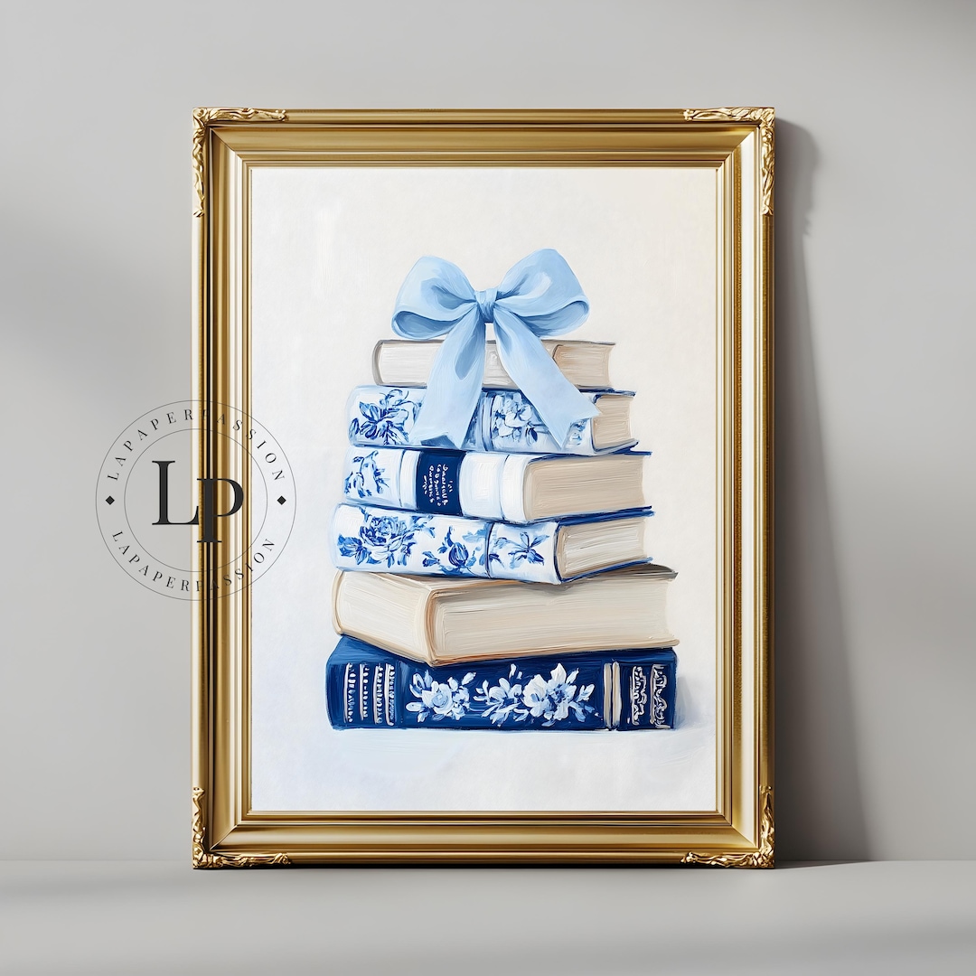 Book Lover Wall Art, Booknook Watercolor Print,blue Chinoiserie Pattern ...