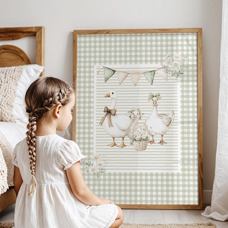 Goose Nursery Prints Set: Sage Green Gingham, Cottagecore Art - Etsy
