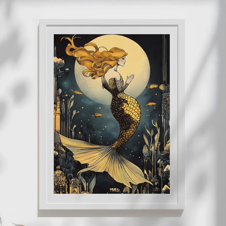 Golden Mermaid Art Print: Moody Ocean Goddess Illustration - Etsy