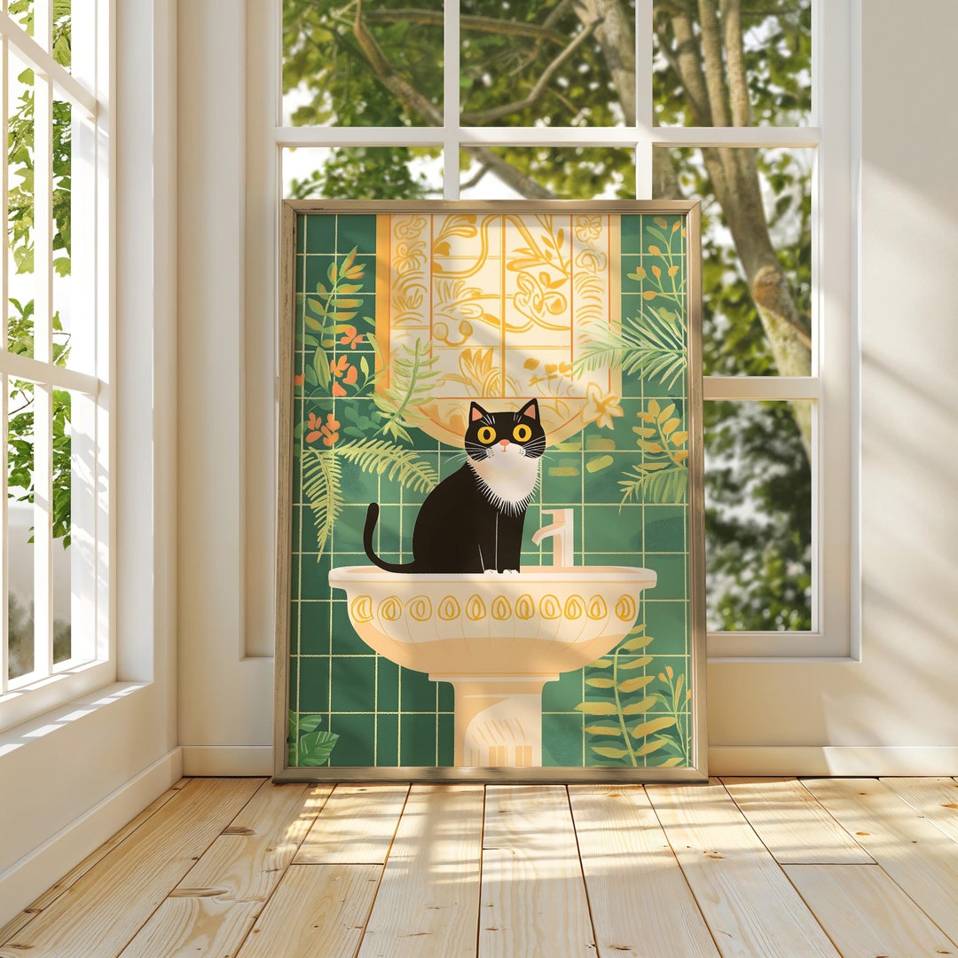 Botanical Bathroom Black Tuxedo Cat in Bath Printed Poster Unique Wall ...