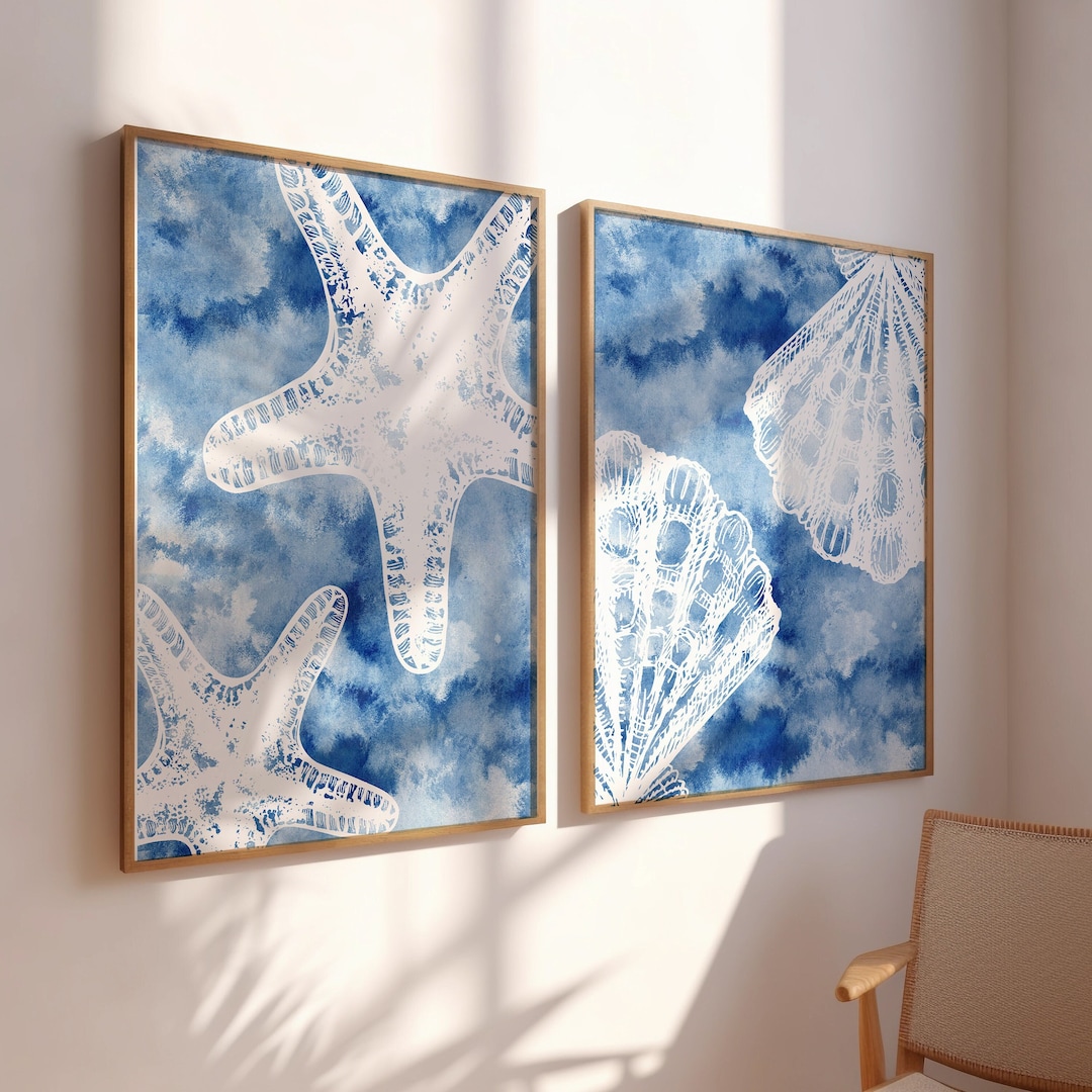 Blue Coastal Wall Art, Coastal Prints, Ocean Wall Art, Shell Prints ...