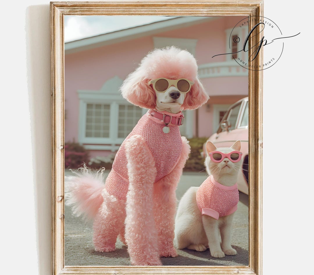Preppy Pink Poodle Poster, Pink Wall Art, Maximalist Decor, Cute Cat ...