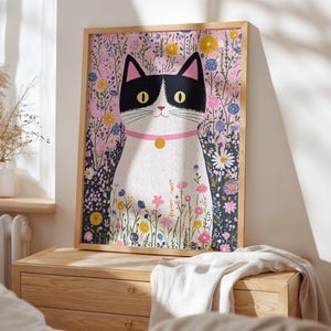 Pastal Pink Cat Wall Art, Pretty Wildflower Floral Cat Themed Girl's ...