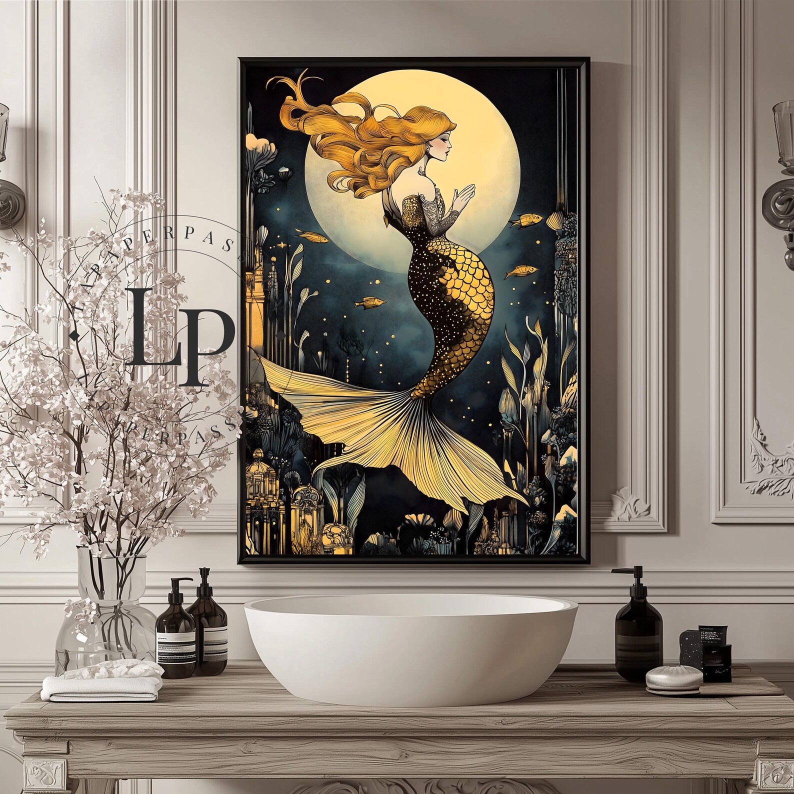 Golden Mermaid Art Print: Moody Ocean Goddess Illustration - Etsy