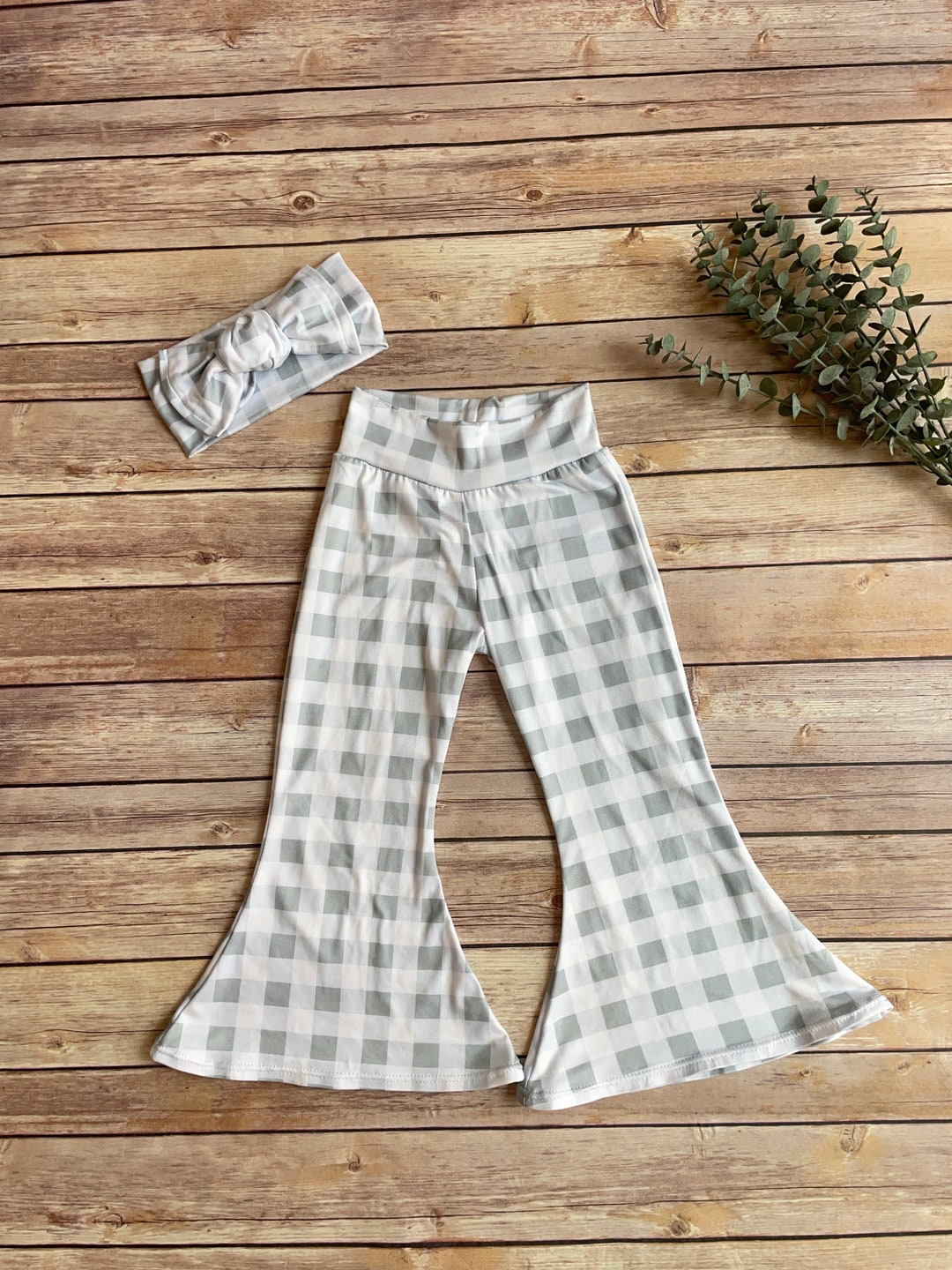 Girls Bell Bottoms, Sage Green & White Check, Flared Leggings, Bootcut ...