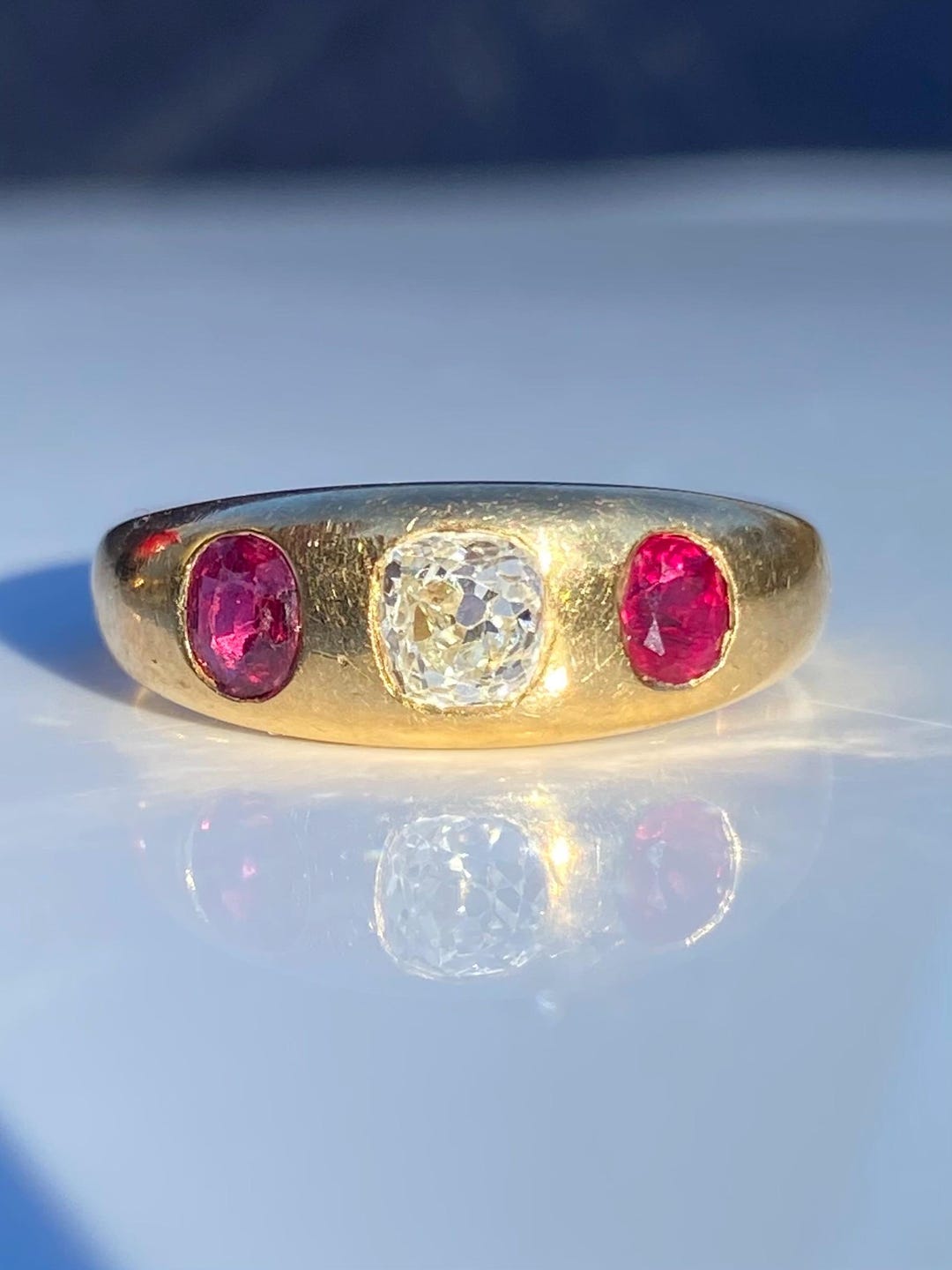 Antique ~ Old Cut Diamond and Ruby Flush Set Band ~ 18ct Gold ~ Size N ...