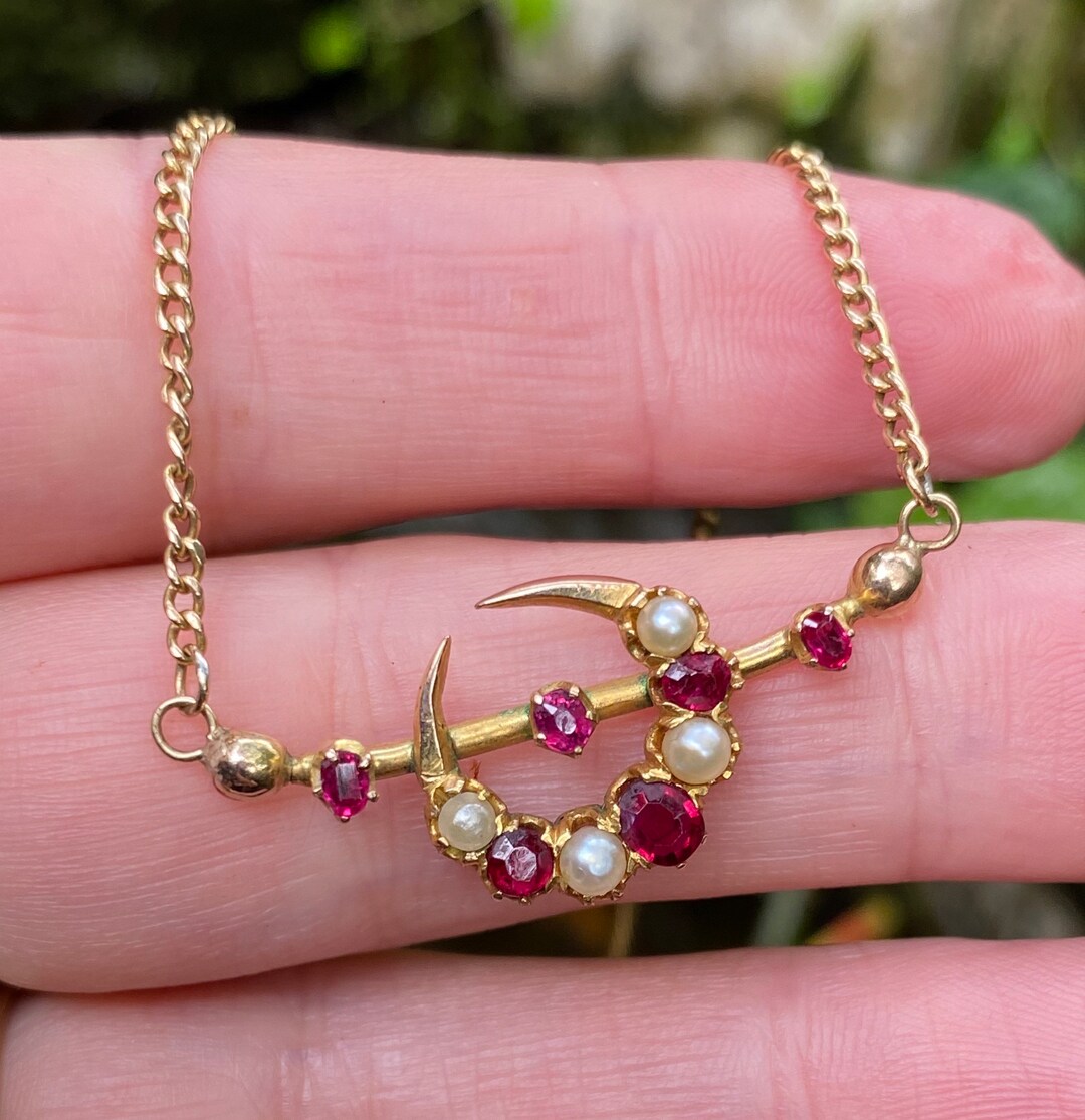 Antique ~ Ruby Pearl Crescent Necklace in 15ct Gold - Etsy