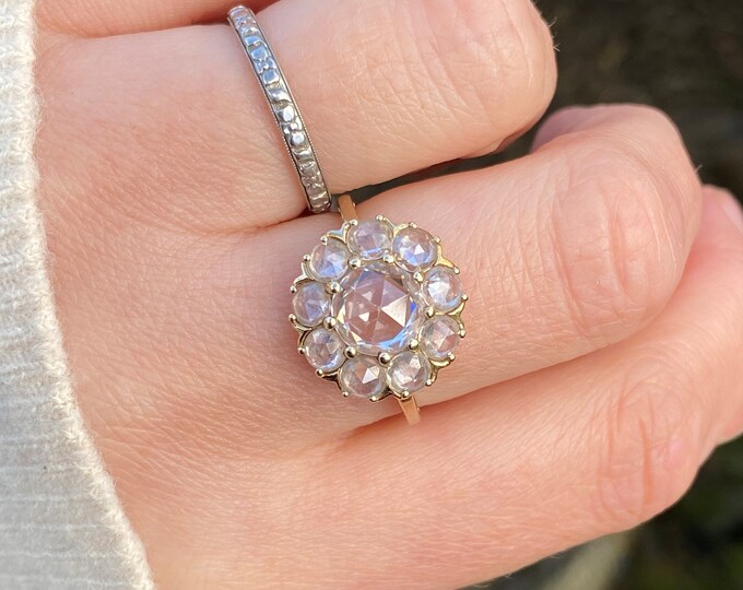 Vintage 9ct Gold Rose Cut White Stone Ring Topaz/ Goshenite Cluster ...