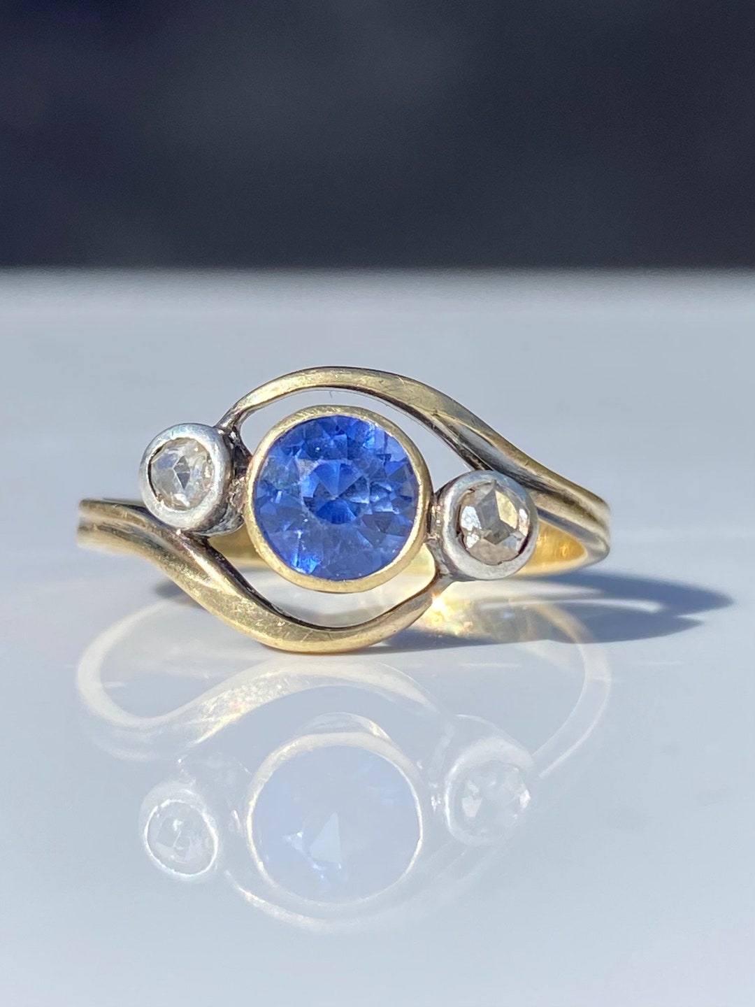 Antiqie ~ Vintage ~ Blue Beryl and Diamond Trilogy Ring ~ 18ct Gold ...