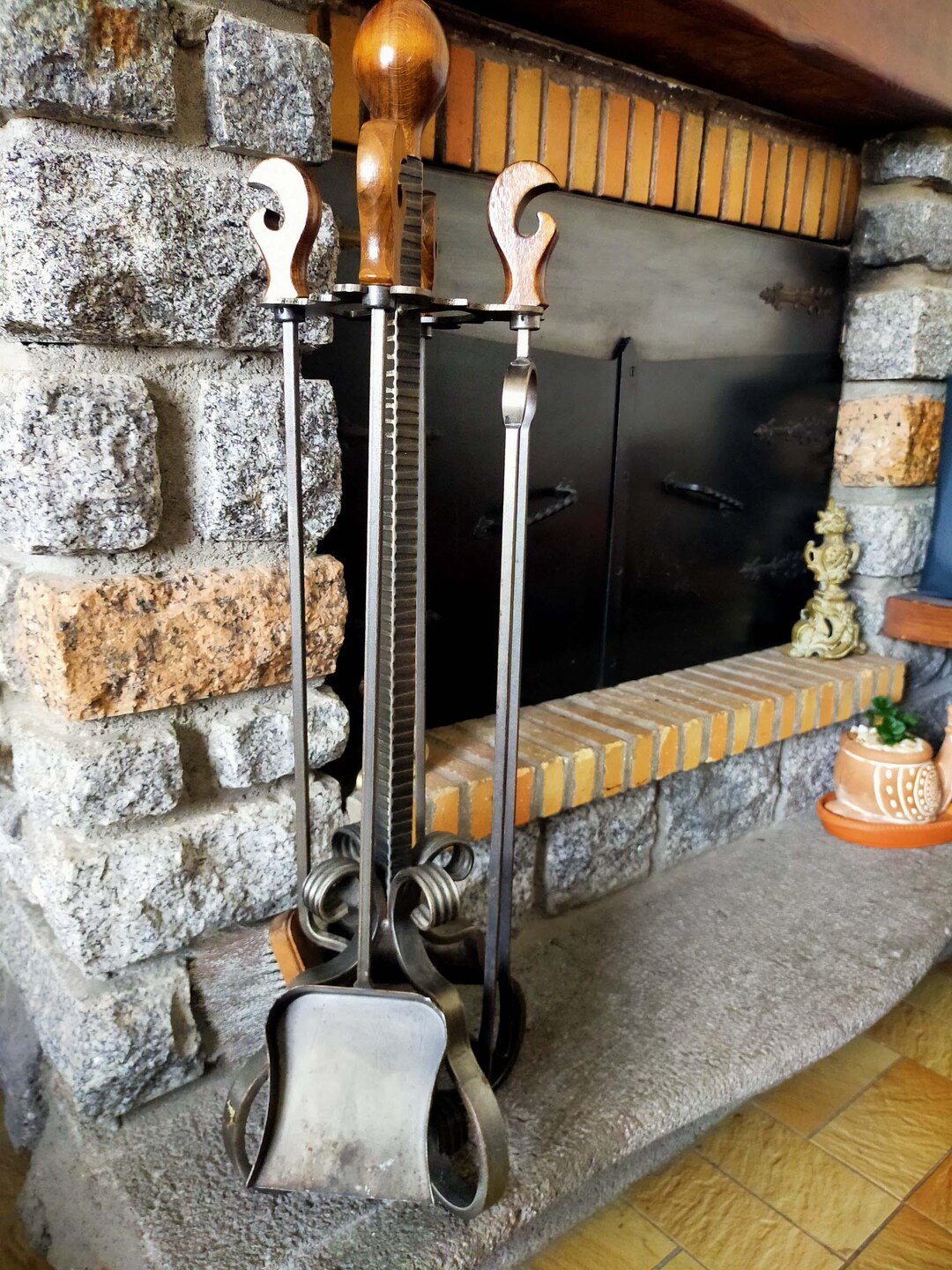 Vintage Fireplace Tools Set, Tongs, Brush, Shovel, Scraper, Iron and ...