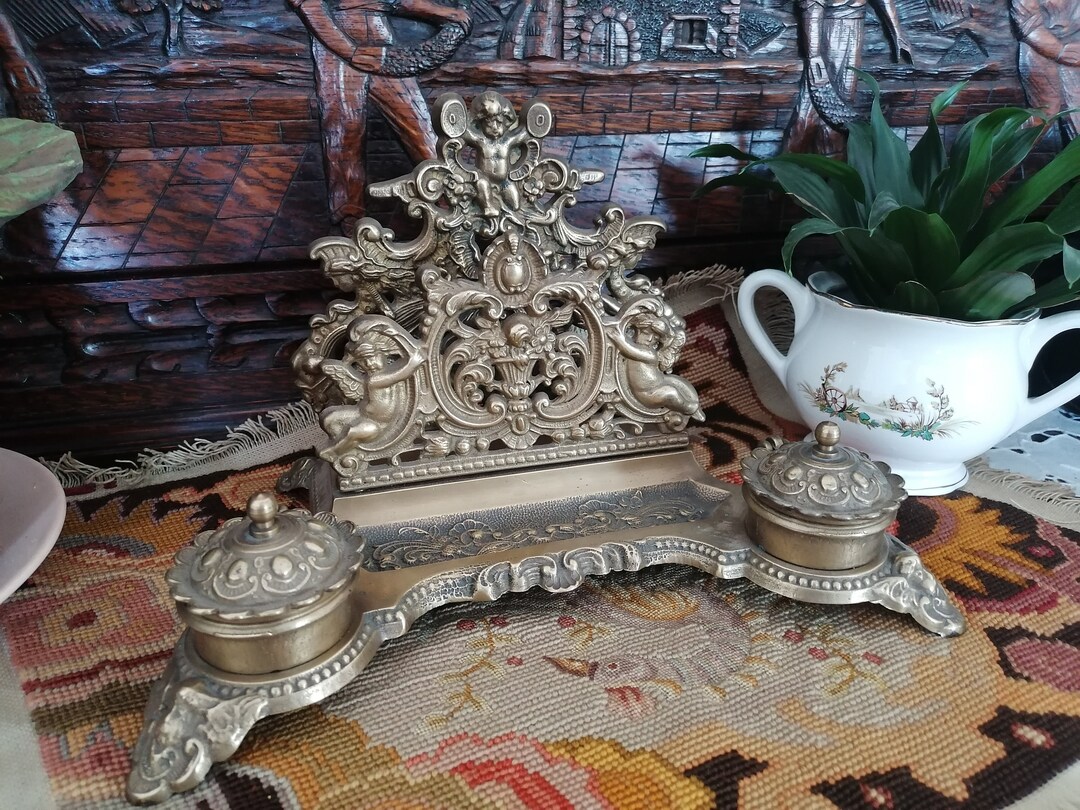 Old Inkwell and Mail Holder in Solid Bronze, Louis XVI Style, Original ...