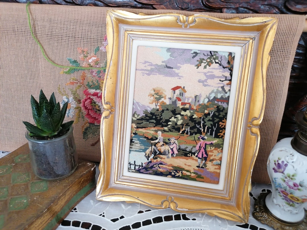 Vintage Tableau Au Point De Croix Très Fin.en Fil De Coton,cadreen Bois ...