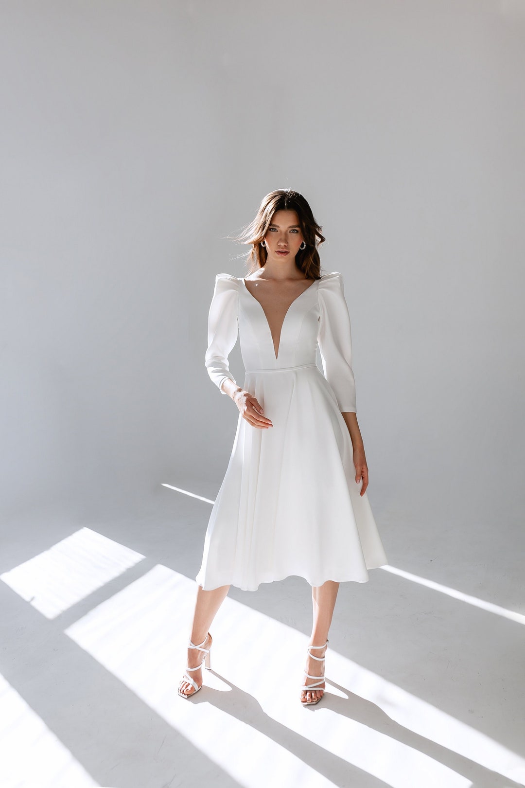 Simple Midi Wedding Dress, Crepe Wedding Dress, Long Sleeve Wedding ...