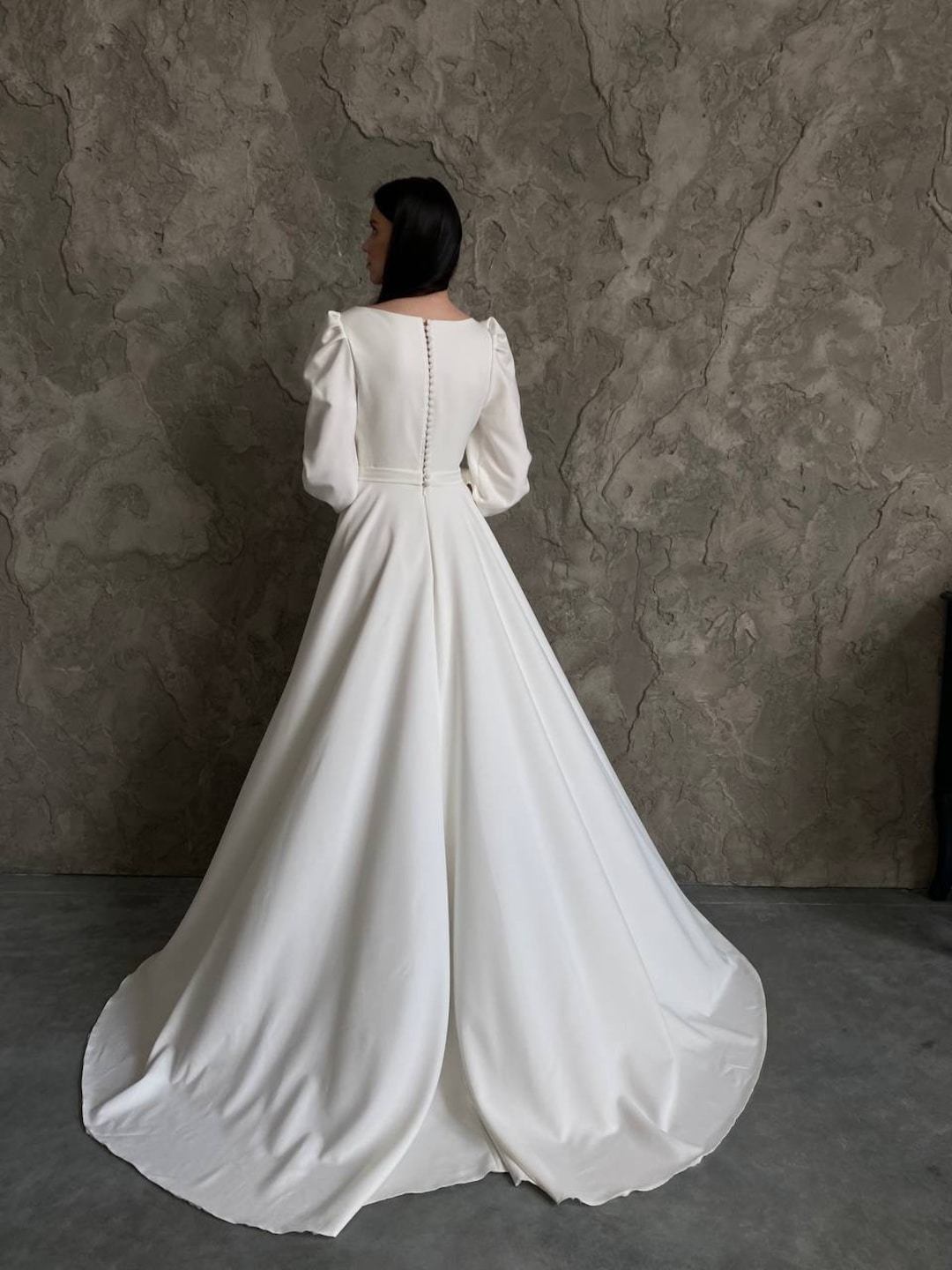 Modest Wedding Dress With Long Puffy Sleeves, Simple A-line Bridal Gown ...