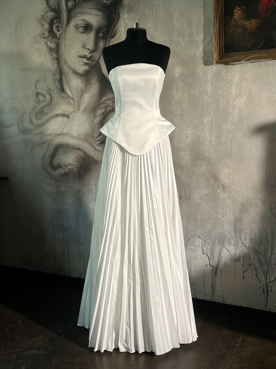 Dramatic Renaissance Wedding Dress: Ivory Satin Peplum Corset Top ...