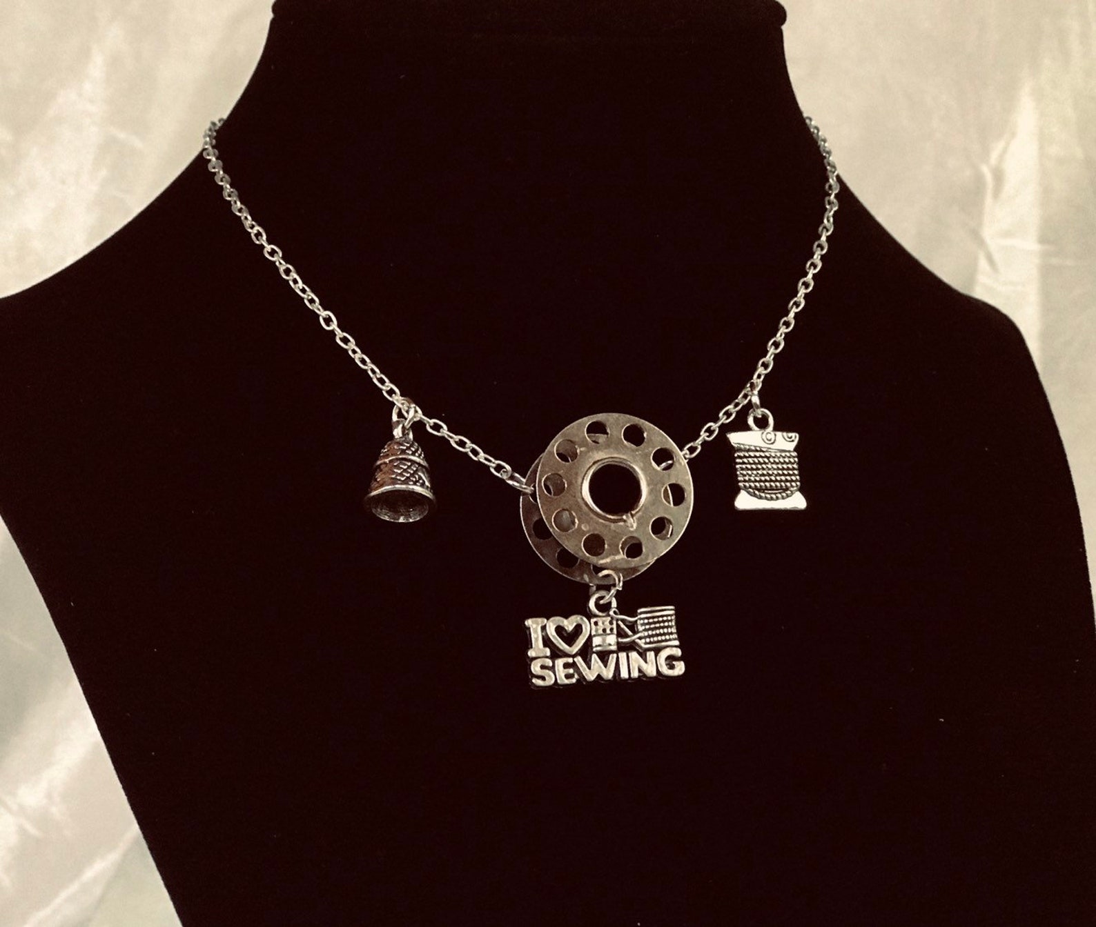Sewing jewelry sewing necklace with bobbin and sewing charms | Etsy