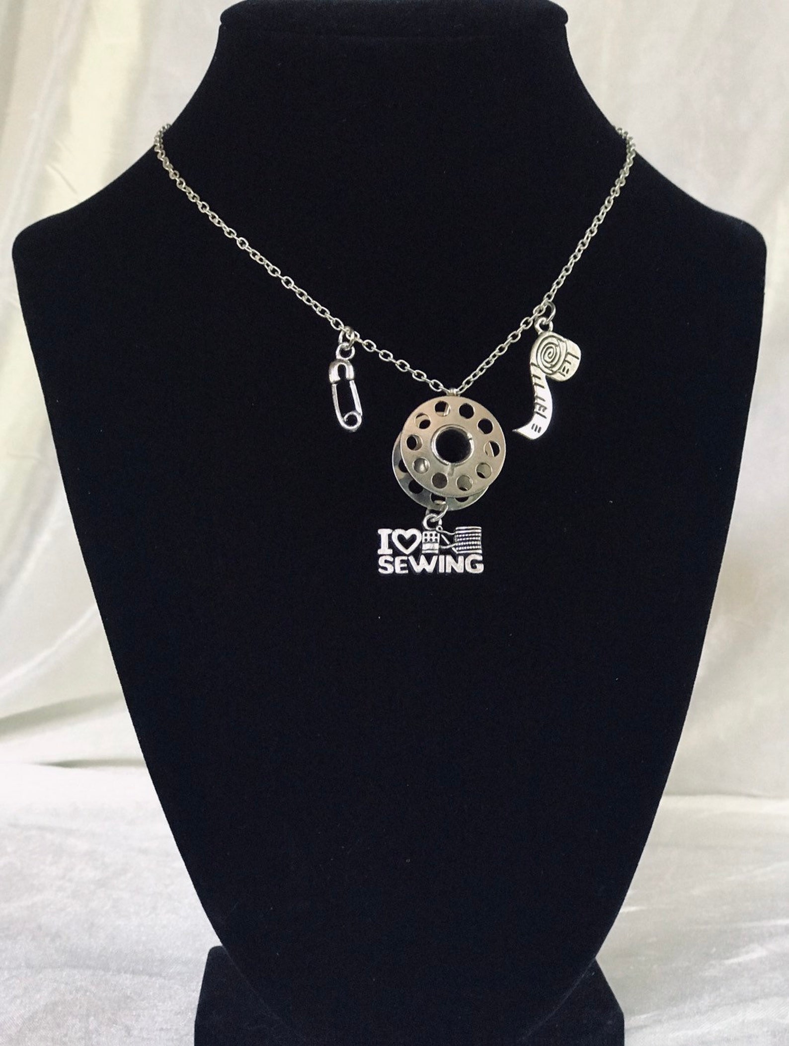 Sewing jewelry sewing necklace with bobbin and sewing charms | Etsy