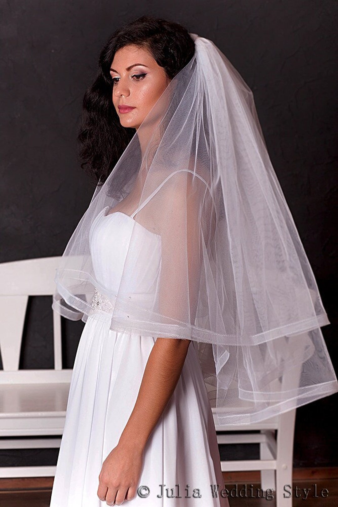 Crinoline Edged Mantilla Tulle White Veil Waist Length 2 Tier Veil ...
