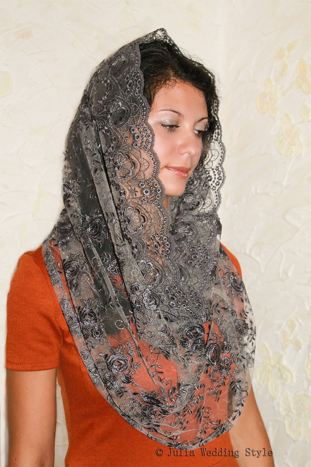 Gift for Mothers Day Gray Veil Infinity Veil Lace Mantilla Traditional ...