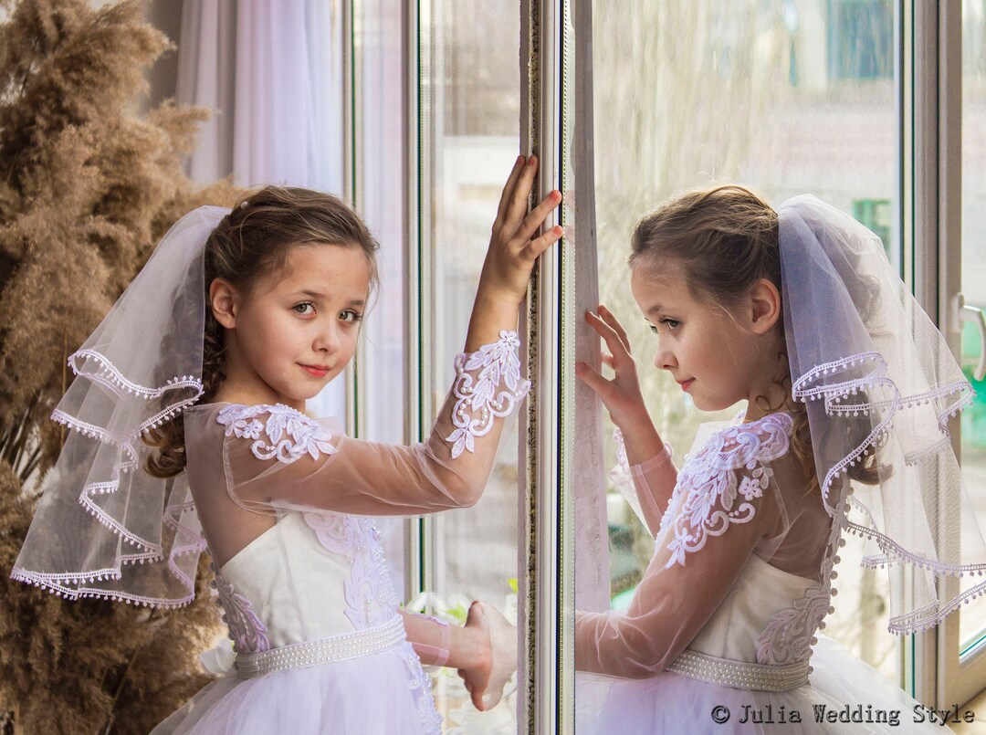 White First Communion Lace Edge Veil Communion Girls Mantilla Little ...