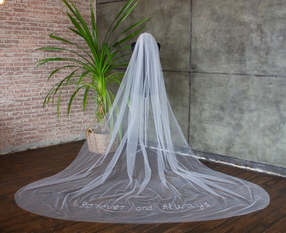 Cathedral Wedding Veil With Monogram With Phrases Embroidered | Etsy