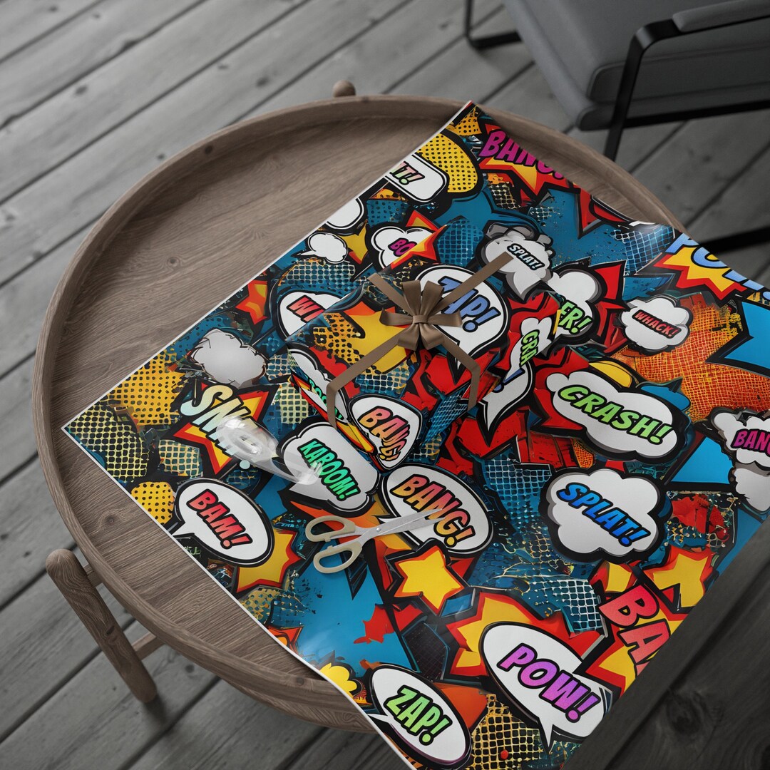 Comic Book Themed Wrapping Paper Pop Art Action Words Superhero Gift ...