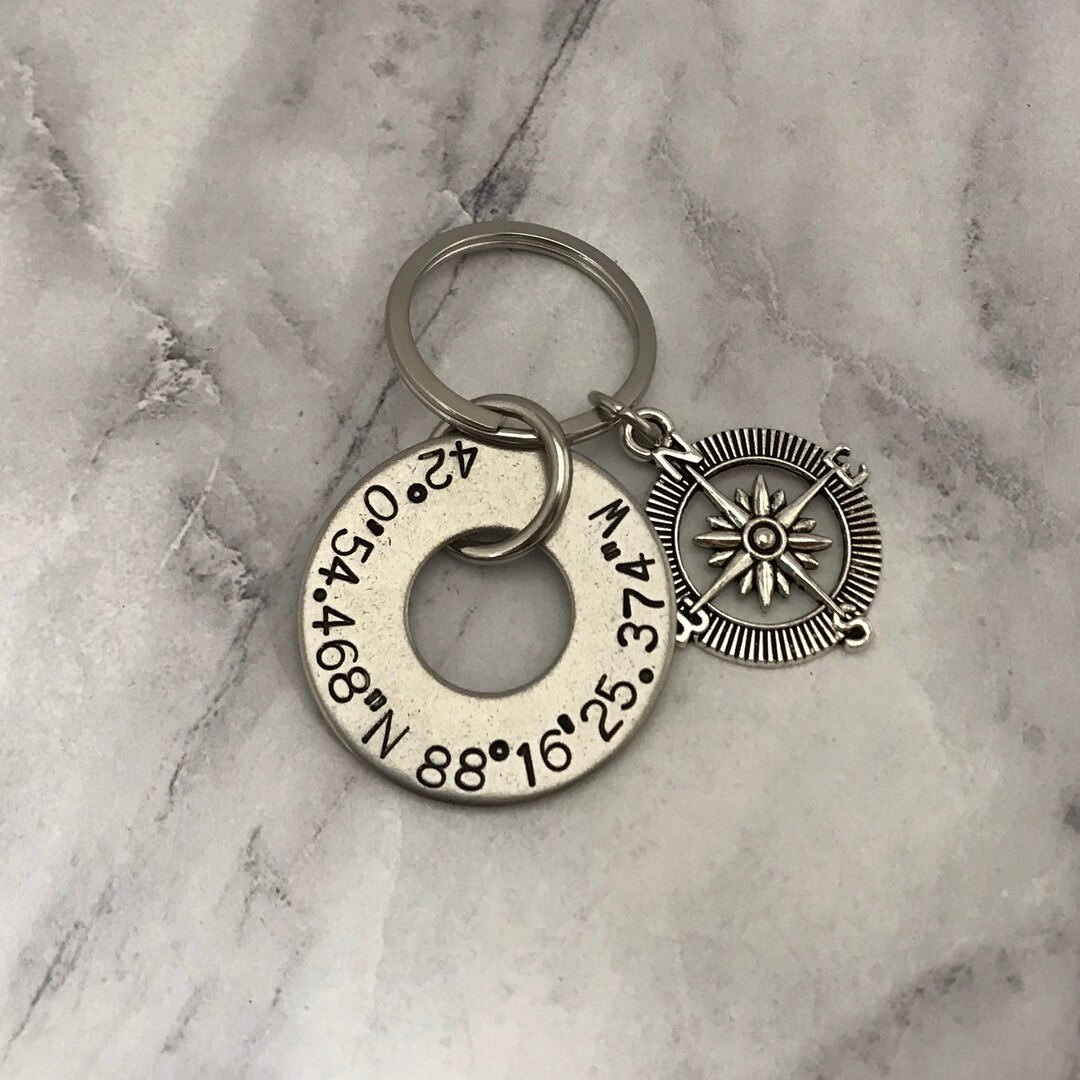 Stamped Coordinates Washer Key Chain - CUSTOM 1.25" Diameter Washer ...