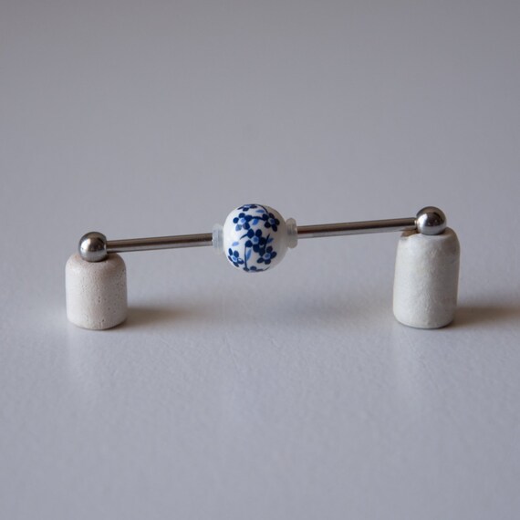 Industrial Barbell with Blue Flower Ceramic Bead Industrial | Etsy