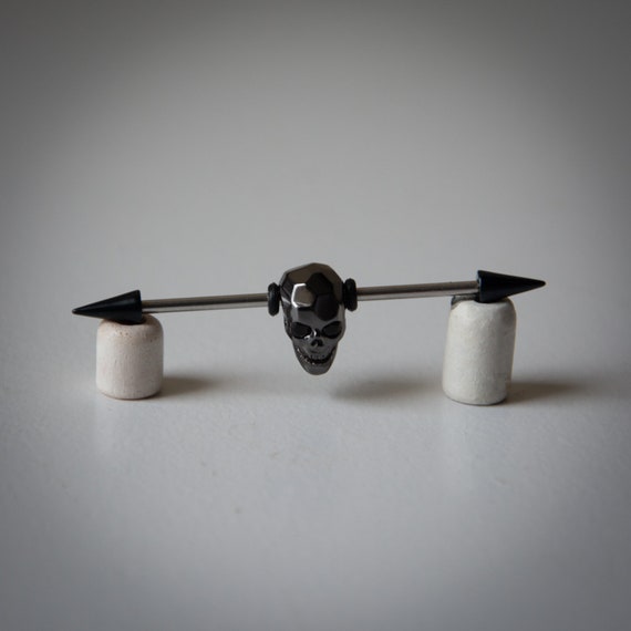 Spiked Industrial Barbell With Black Carved Skull With Faceted - Etsy