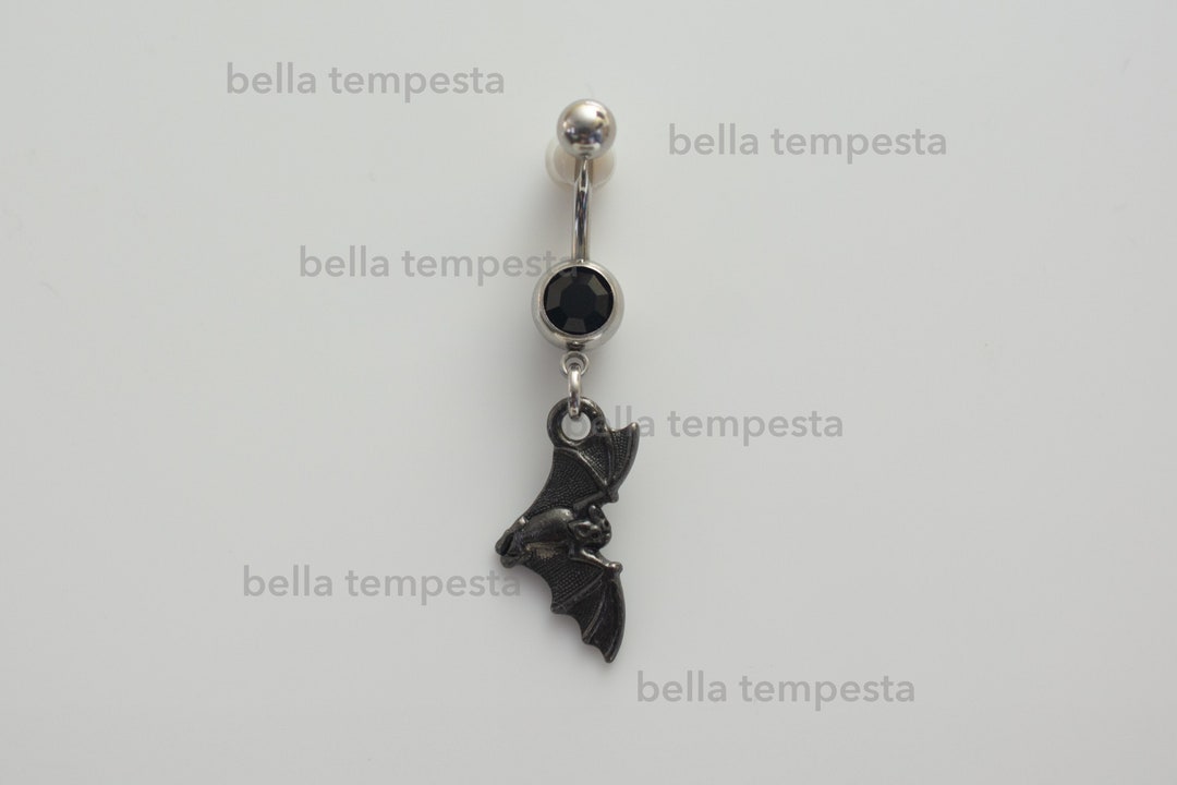 Black Bat Charm With Black CZ Dangle Belly Ring Belly Button - Etsy