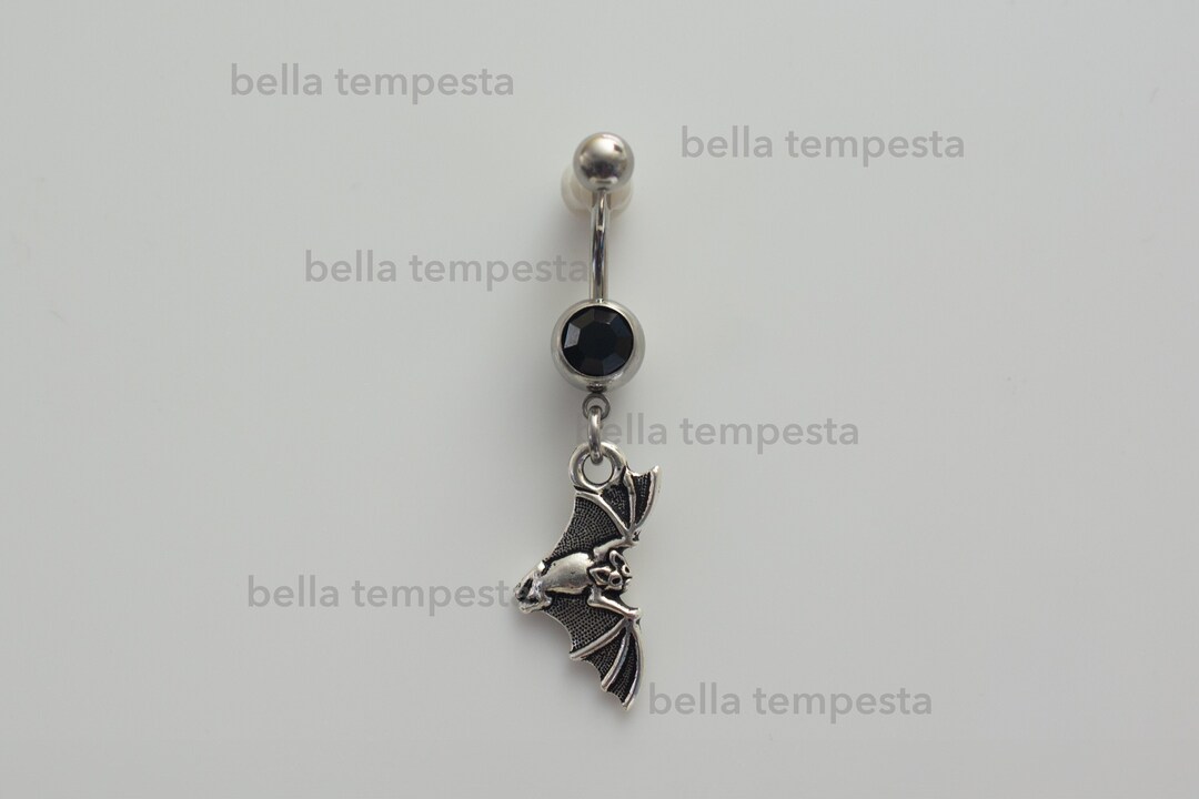 Bat Charm With Black CZ Dangle Belly Ring Belly Button Ring Unique Body ...