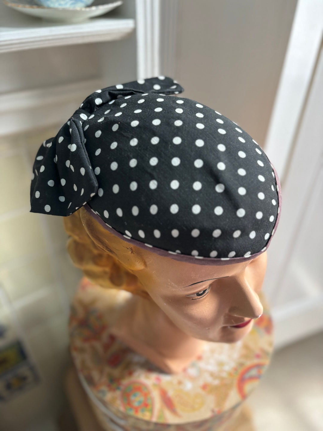 1950s Black and White Polka Dot Juliet Hat With Huge Bow. - Etsy