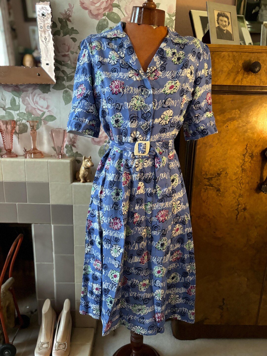 1940s CC41 Belted Linen Dress in Blue Pink and White Floral Print ...